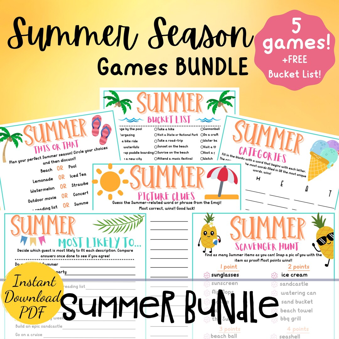 SUMMER Season GAME BUNDLE - 5 Printable Summer Games - Fun Summer Games ...