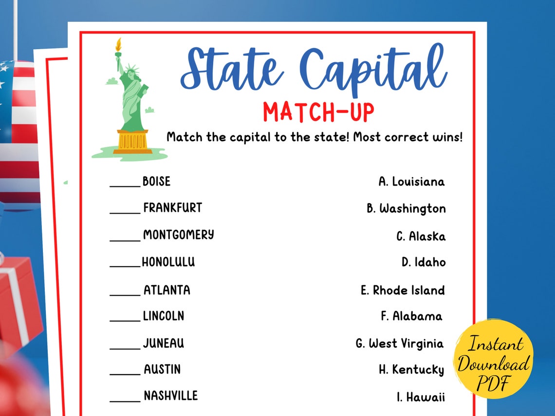 Fourth of July STATE CAPITAL MATCH Game July 4th Party Game - Etsy