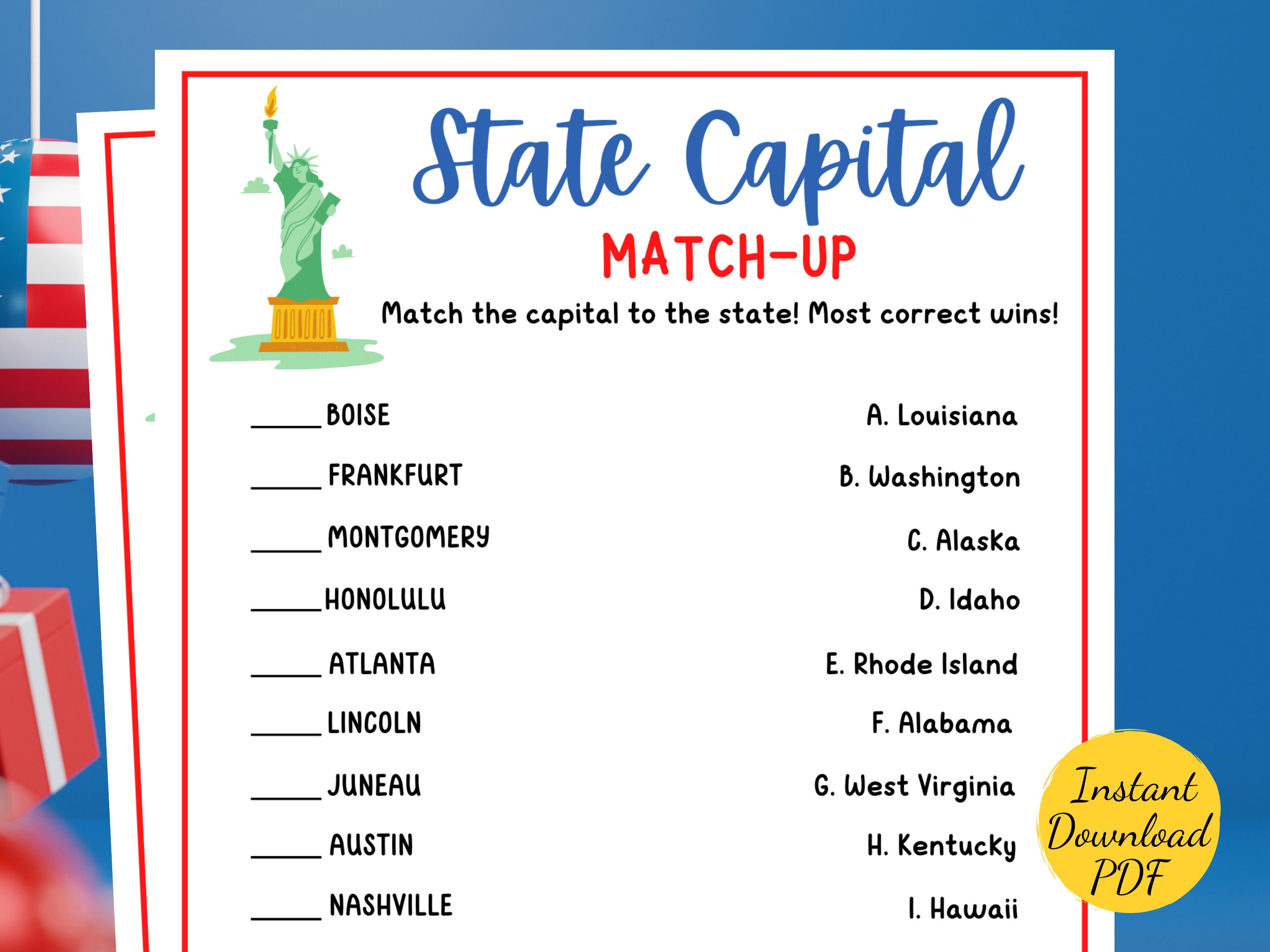 Fourth of July STATE CAPITAL MATCH Game July 4th Party Game - Etsy