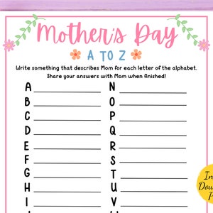 Mothers Day A TO Z Mothers Day Party Game Printable Mothers Day ...
