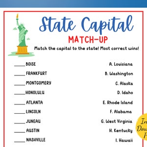 Fourth of July STATE CAPITAL MATCH Game - July 4th Party Game ...