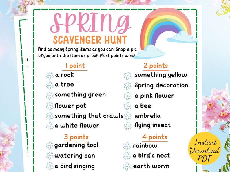 Spring SCAVENGER HUNT Game Printable Spring Season Party Game Scavenger ...