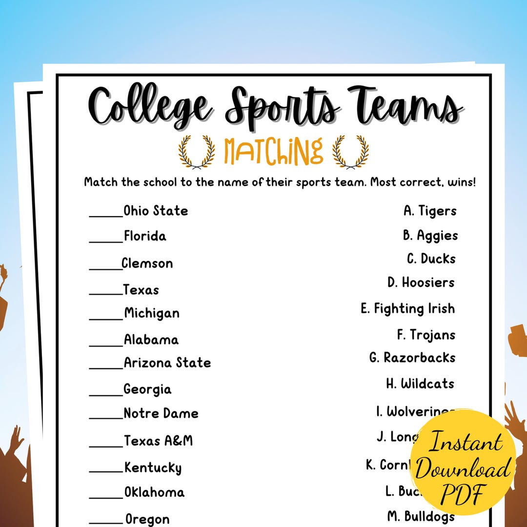 COLLEGE SPORTS TEAM Matching Game - Graduation Party Game - High School ...