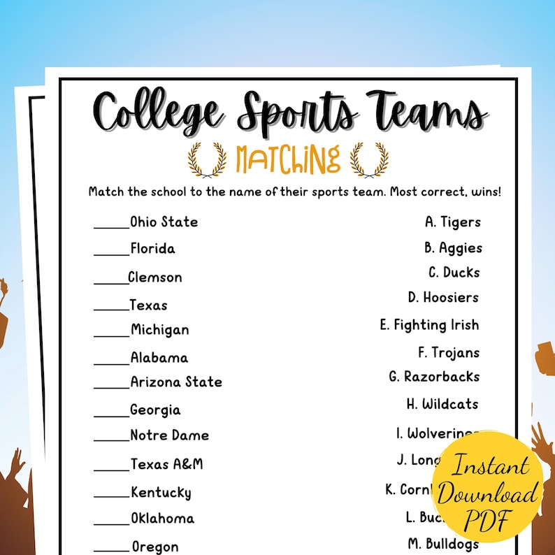 COLLEGE SPORTS TEAM Matching Game - Graduation Party Game - High School ...