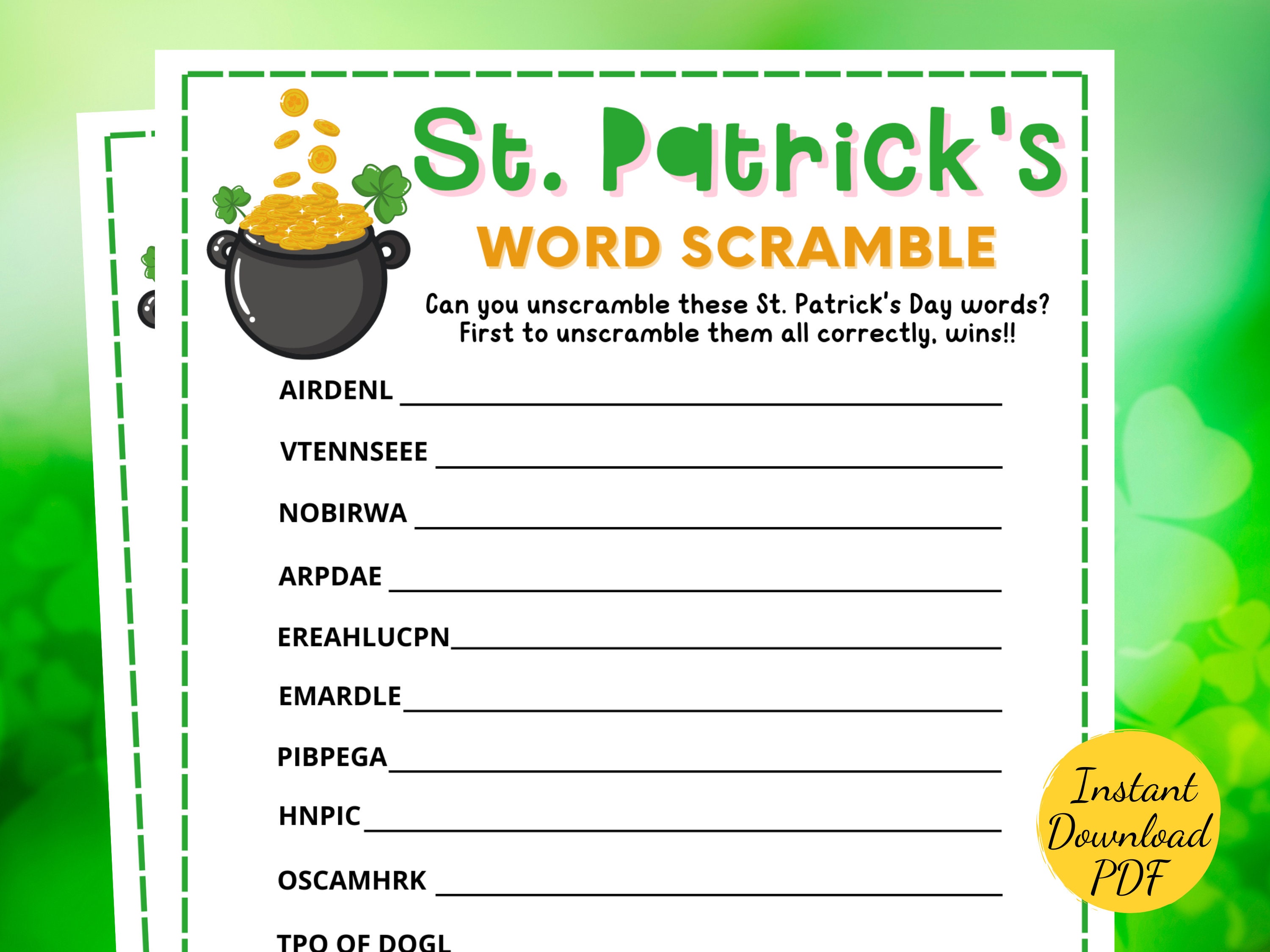St. Patrick's Day WORD SCRAMBLE St. Patrick's Day Party Game Printable ...