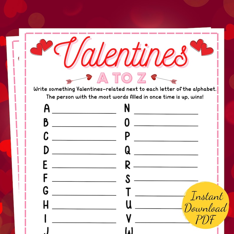 A TO Z Valentines Day Game - Valentines Day Party Game - Printable ...