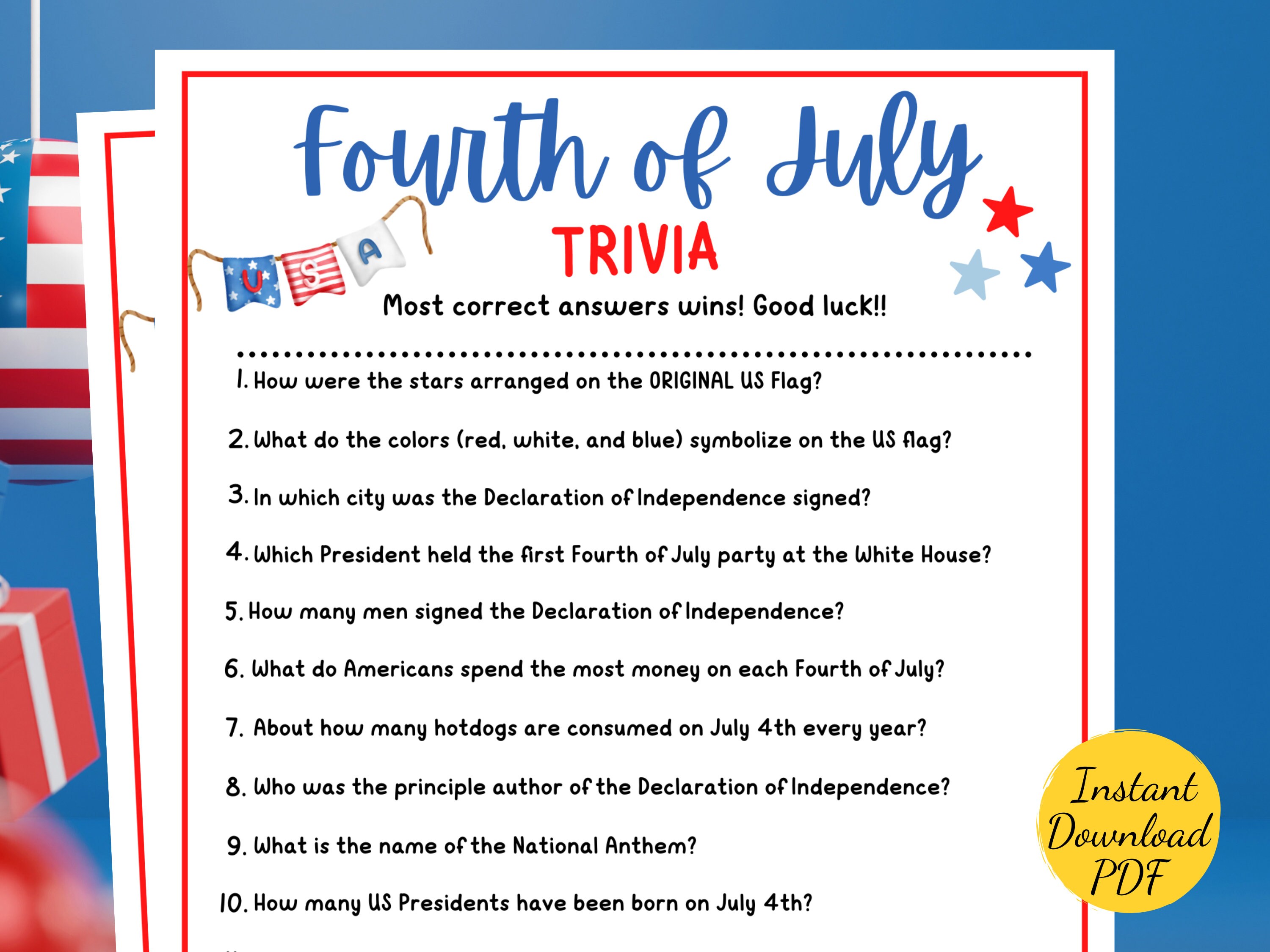 Fourth of July TRIVIA Game - July 4th Party Game - Printable July 4th ...