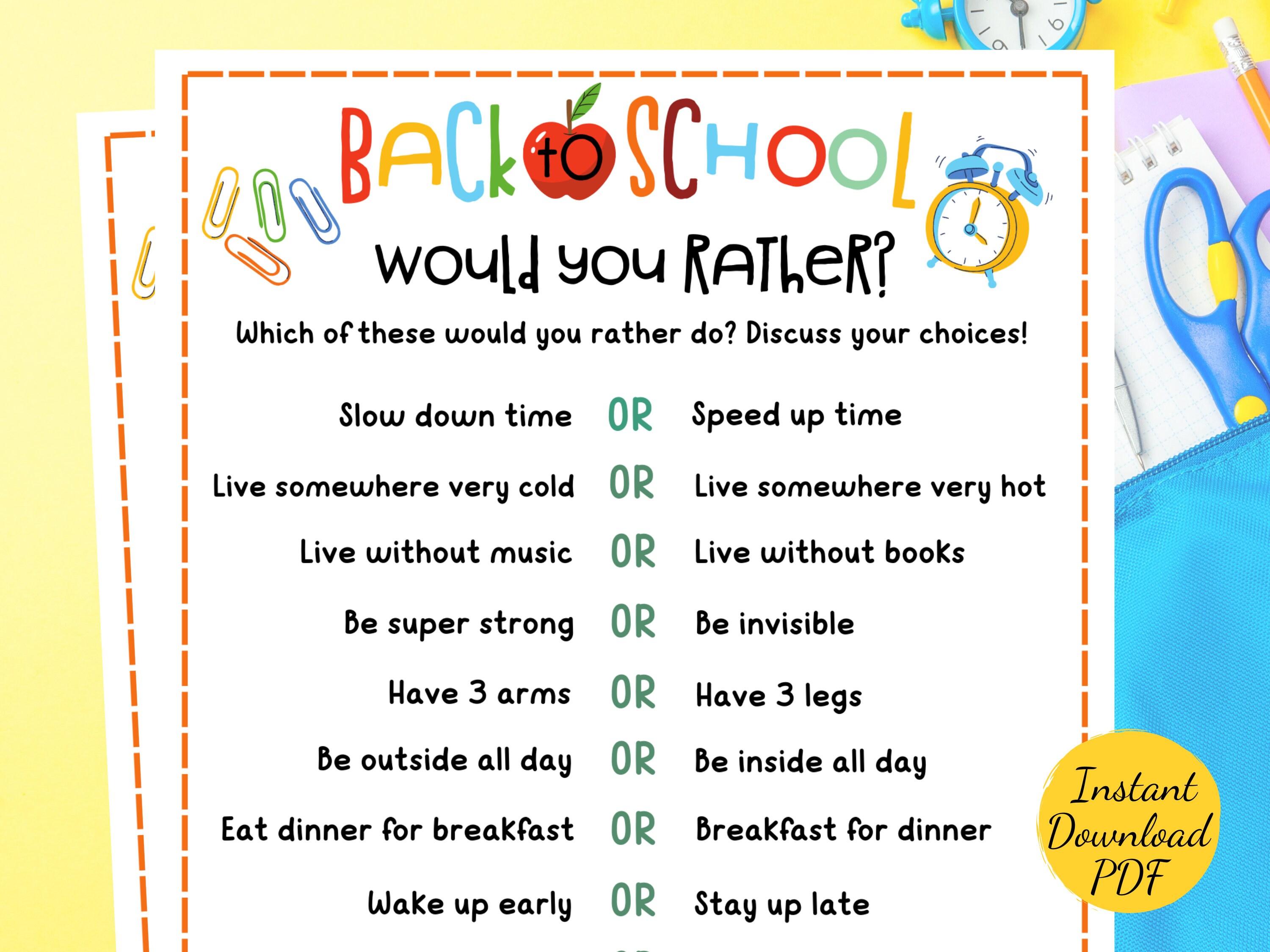 WOULD YOU RATHER Back to School Game First Day of School Activities ...