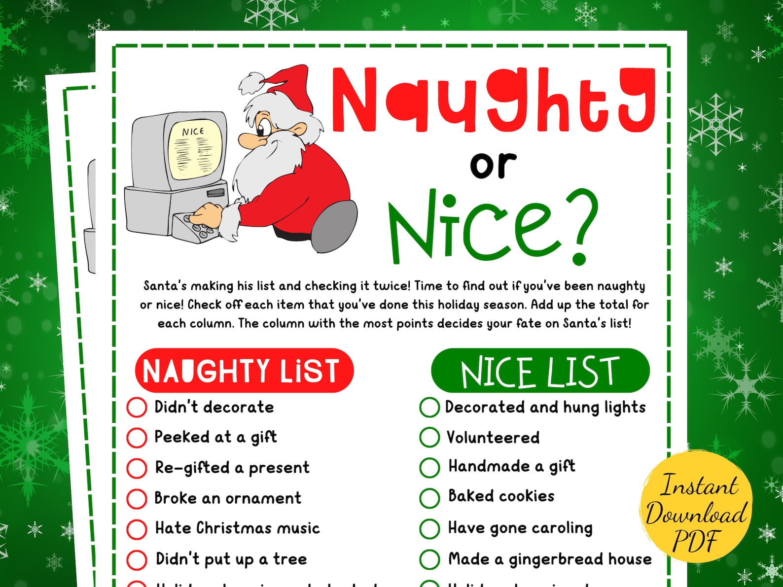Naughty or Nice Christmas Game Christmas Party Game Printable Christmas ...