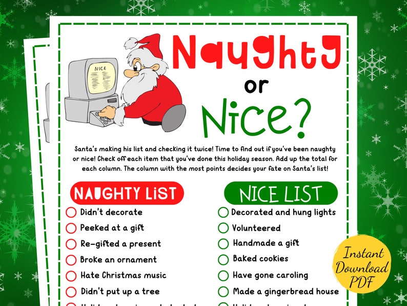 Naughty or Nice Christmas Game Christmas Party Game Printable Christmas ...