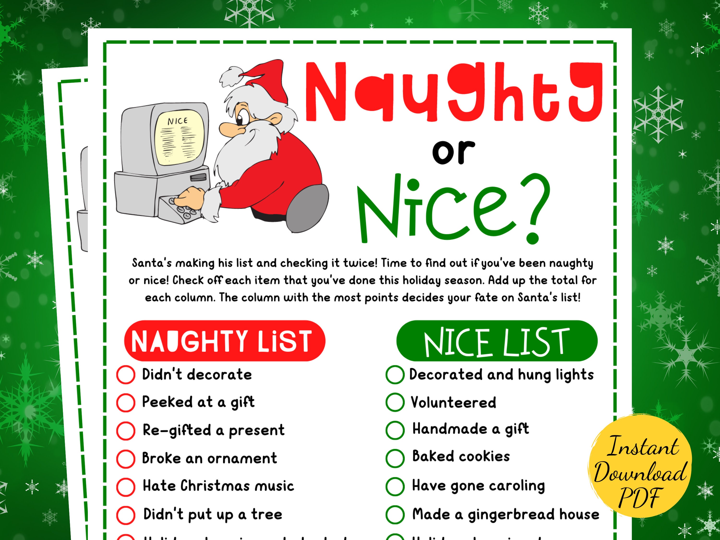 Naughty or Nice Christmas Game Christmas Party Game Printable Christmas ...