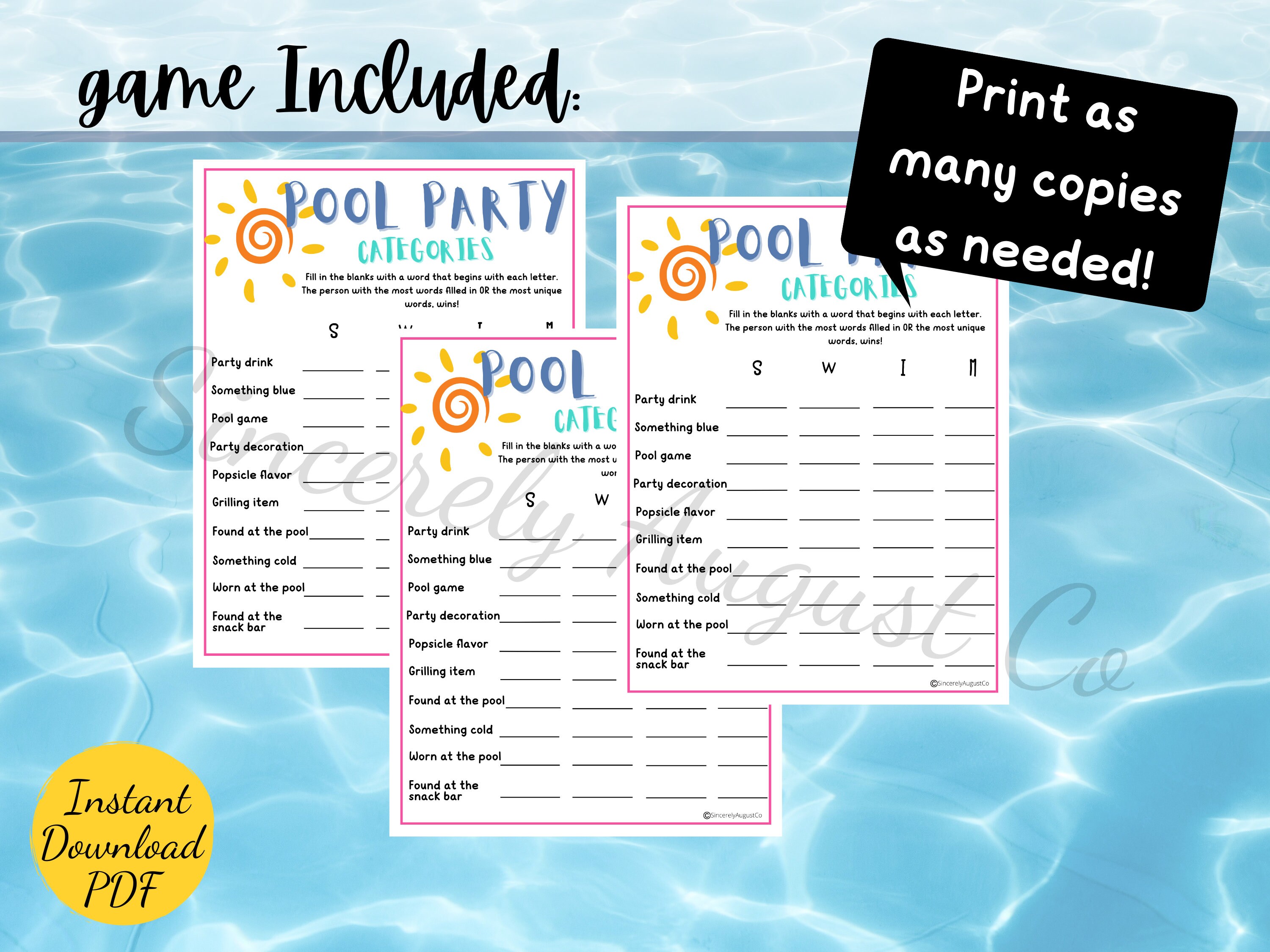 Pool Party CATEGORIES Game - Printable Pool Party Game - Pool Party ...