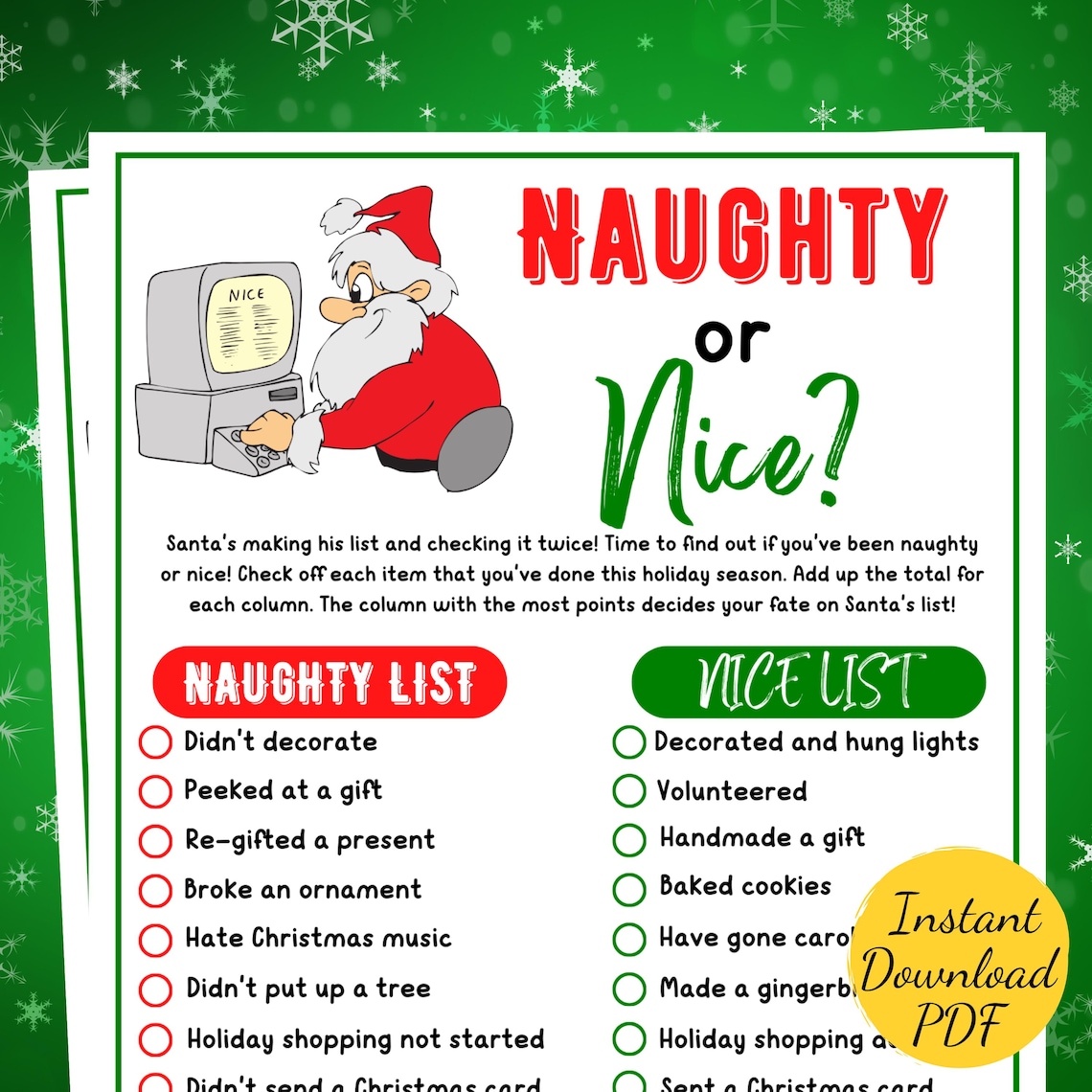 NAUGHTY OR NICE Christmas Game - Christmas Party Game - Printable ...