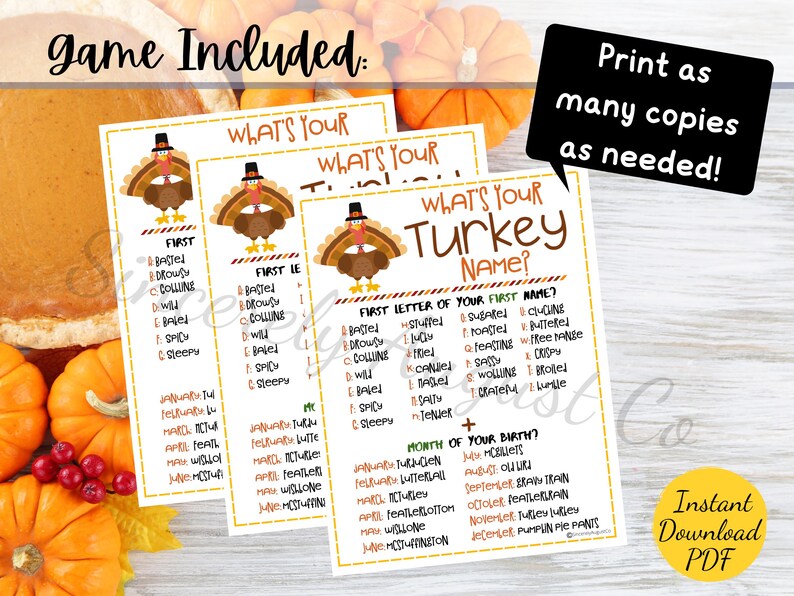 TURKEY NAME Game: Thanksgiving Party Activity (printable PDF) - Etsy