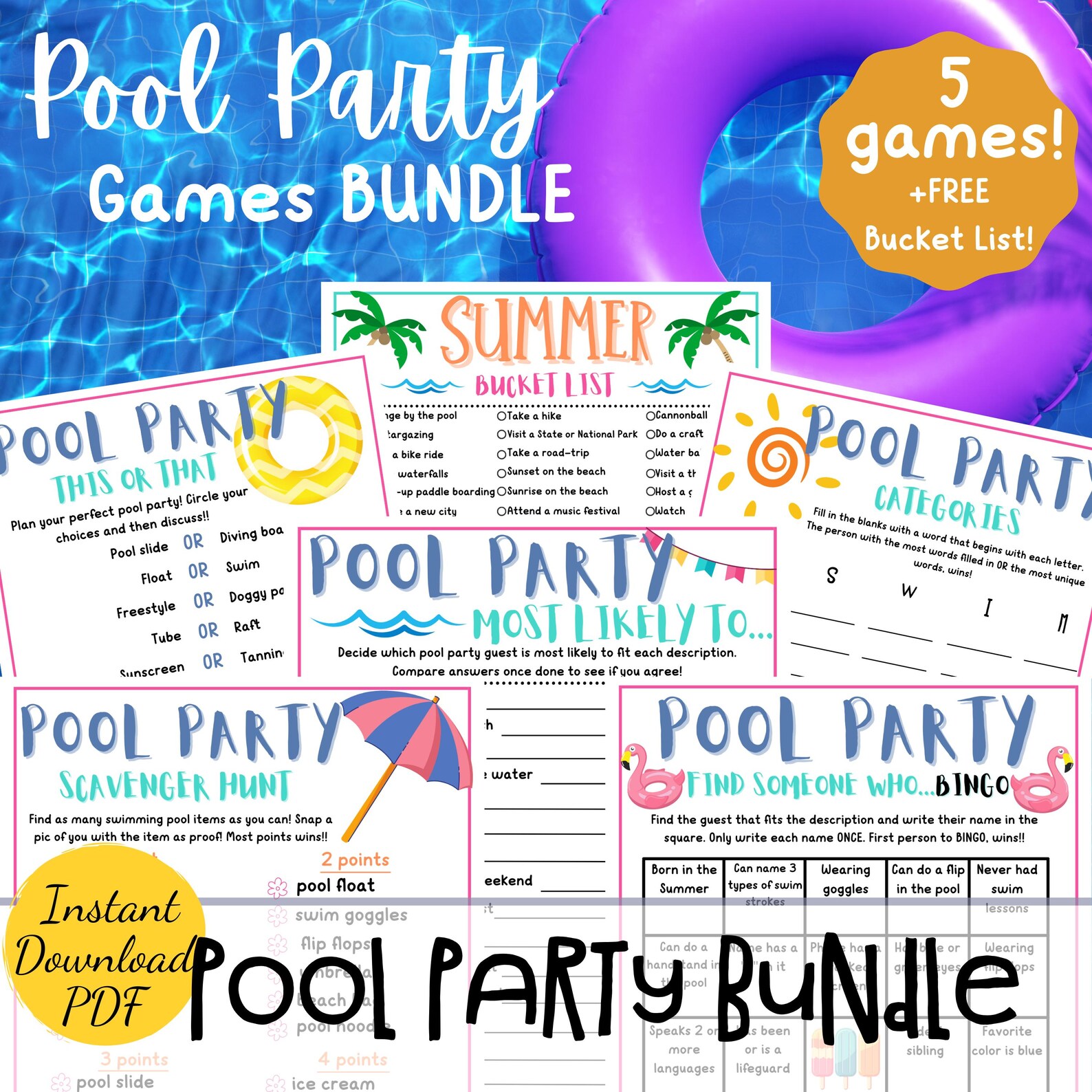 POOL Party GAME BUNDLE - 5 Printable Pool Party Games - Fun Pool Party ...