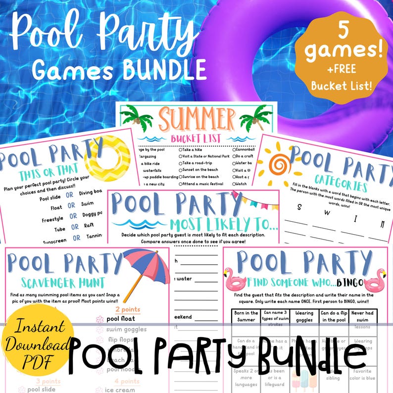 POOL Party GAME BUNDLE - 5 Printable Pool Party Games - Fun Pool Party ...