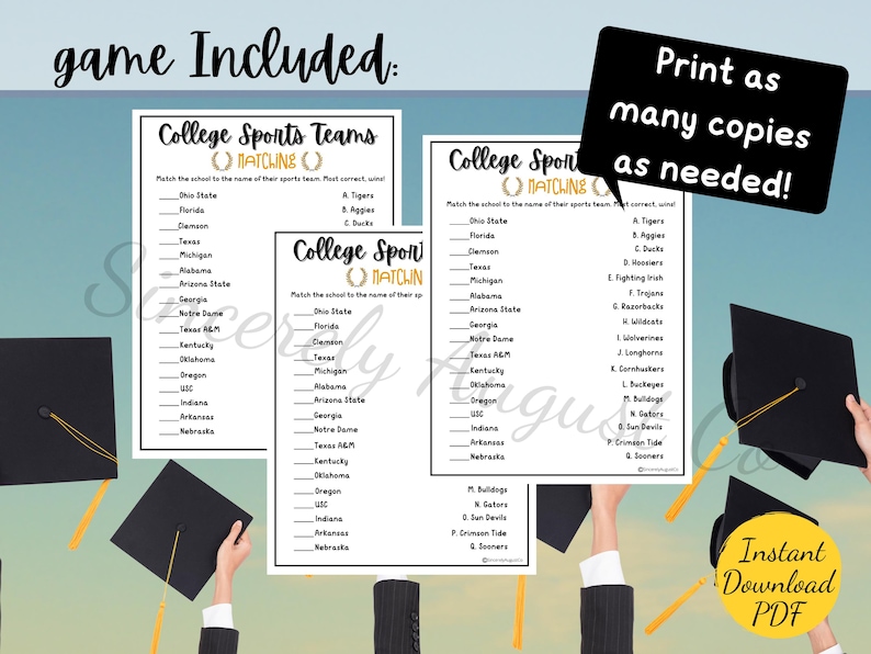 COLLEGE SPORTS TEAM Matching Game - Graduation Party Game - High School ...