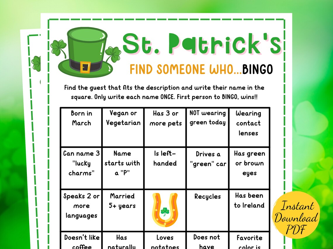 St. Patrick's Day BINGO Game St. Patrick's Find the Guest Bingo St ...