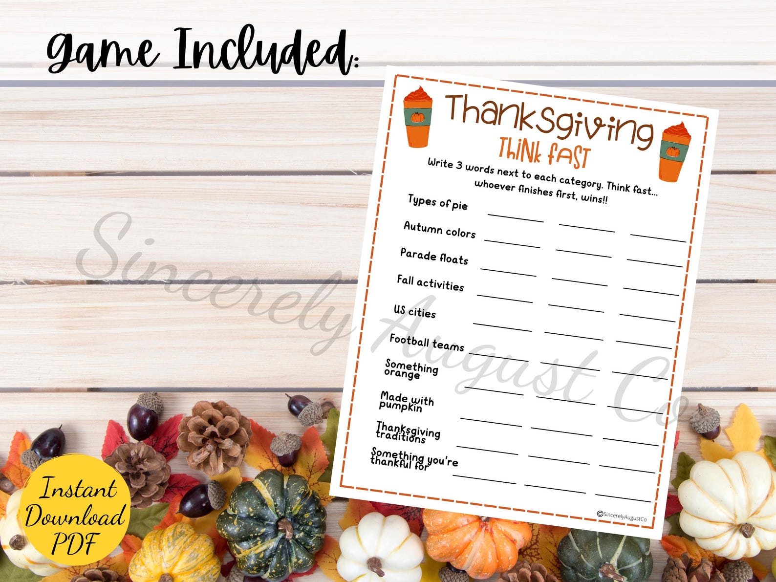 Thanksgiving THINK FAST - Thanksgiving Party Game - Printable ...