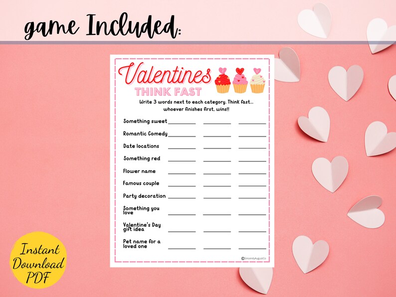 THINK FAST Valentines Day Game Valentines Day Party Game Printable ...