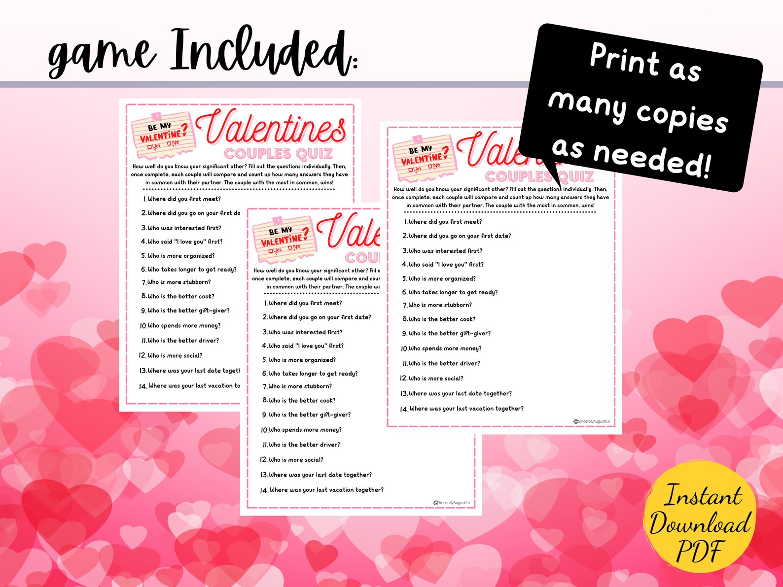COUPLES QUIZ Valentines Day Game Valentines Day Party Game Printable ...