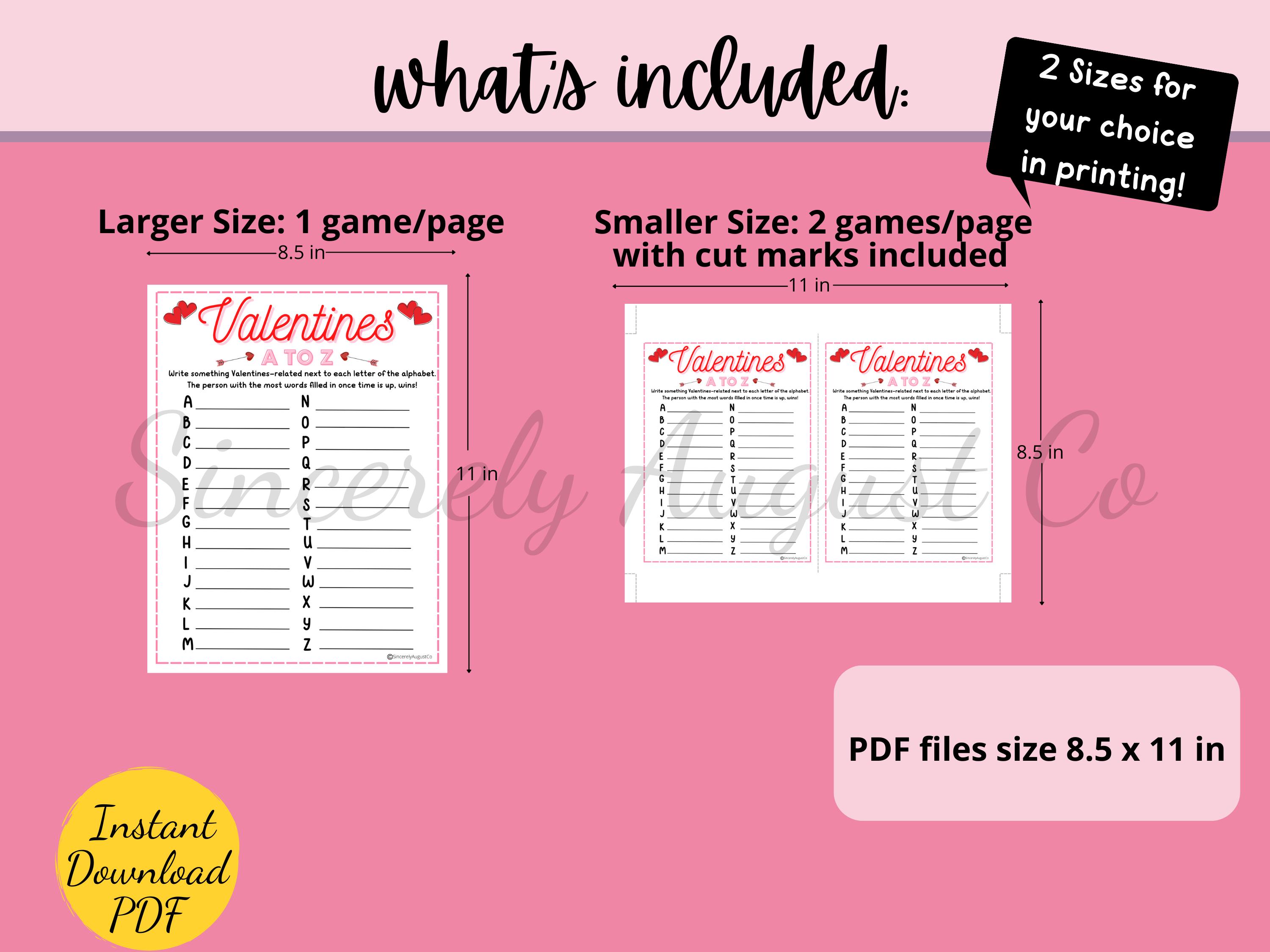 A TO Z Valentines Day Game - Valentines Day Party Game - Printable ...
