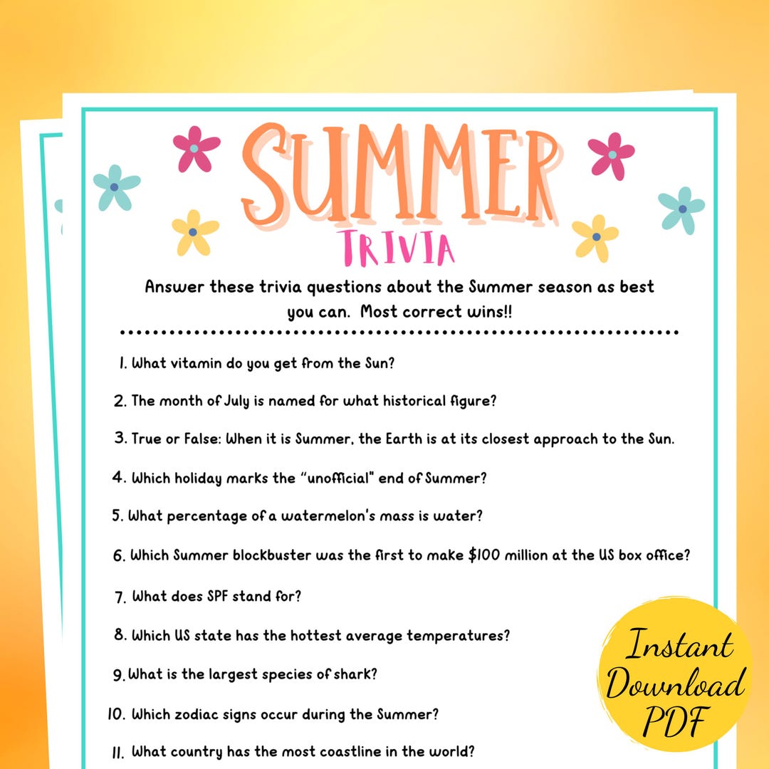 Summer TRIVIA Game: Printable Party Game (PDF Download) - Etsy