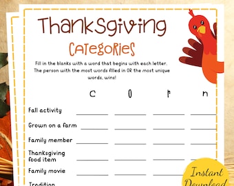 Thanksgiving Scattergories Game for Thanksgiving Party Categories Game ...