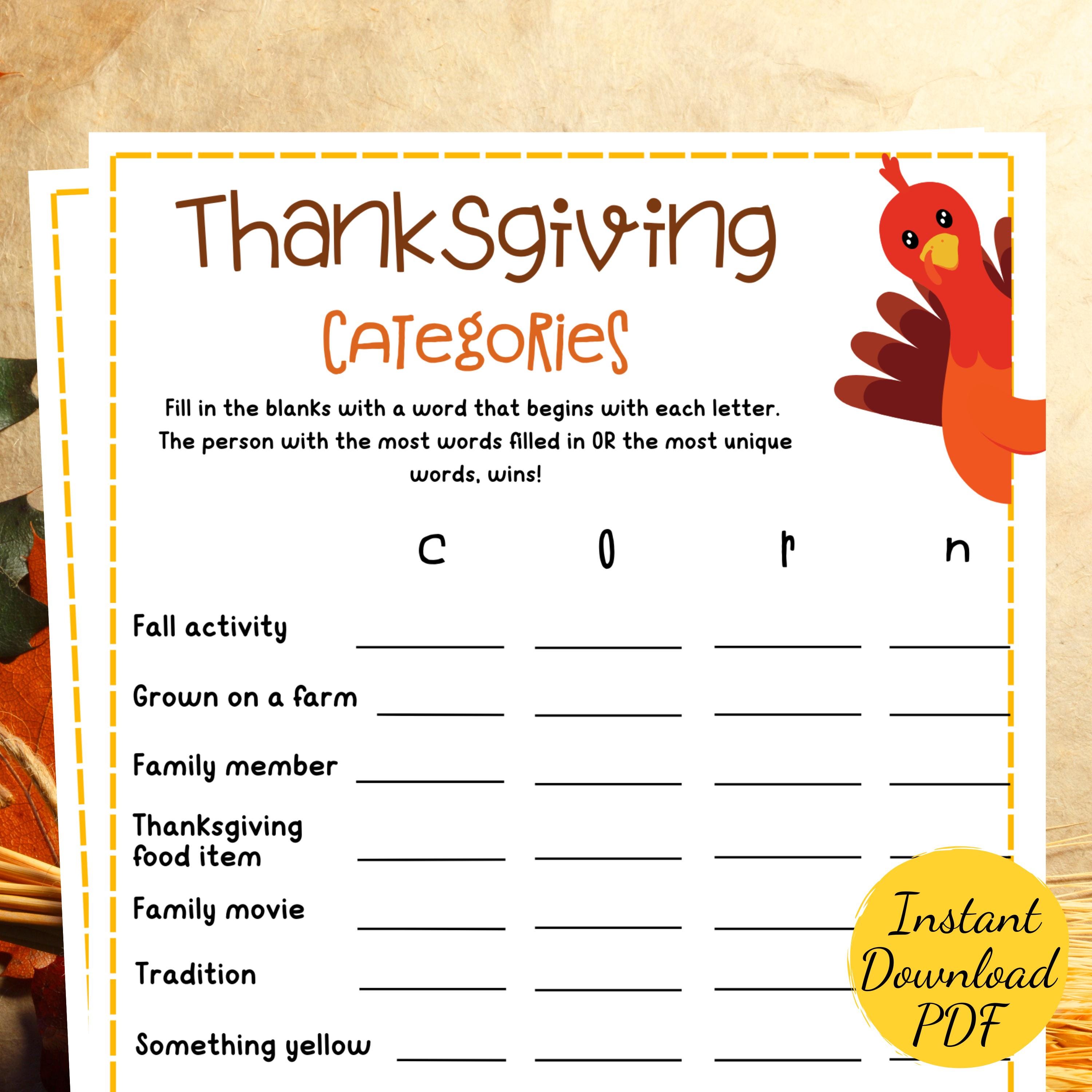 Thanksgiving CATEGORIES - Printable Thanksgiving Party Game ...