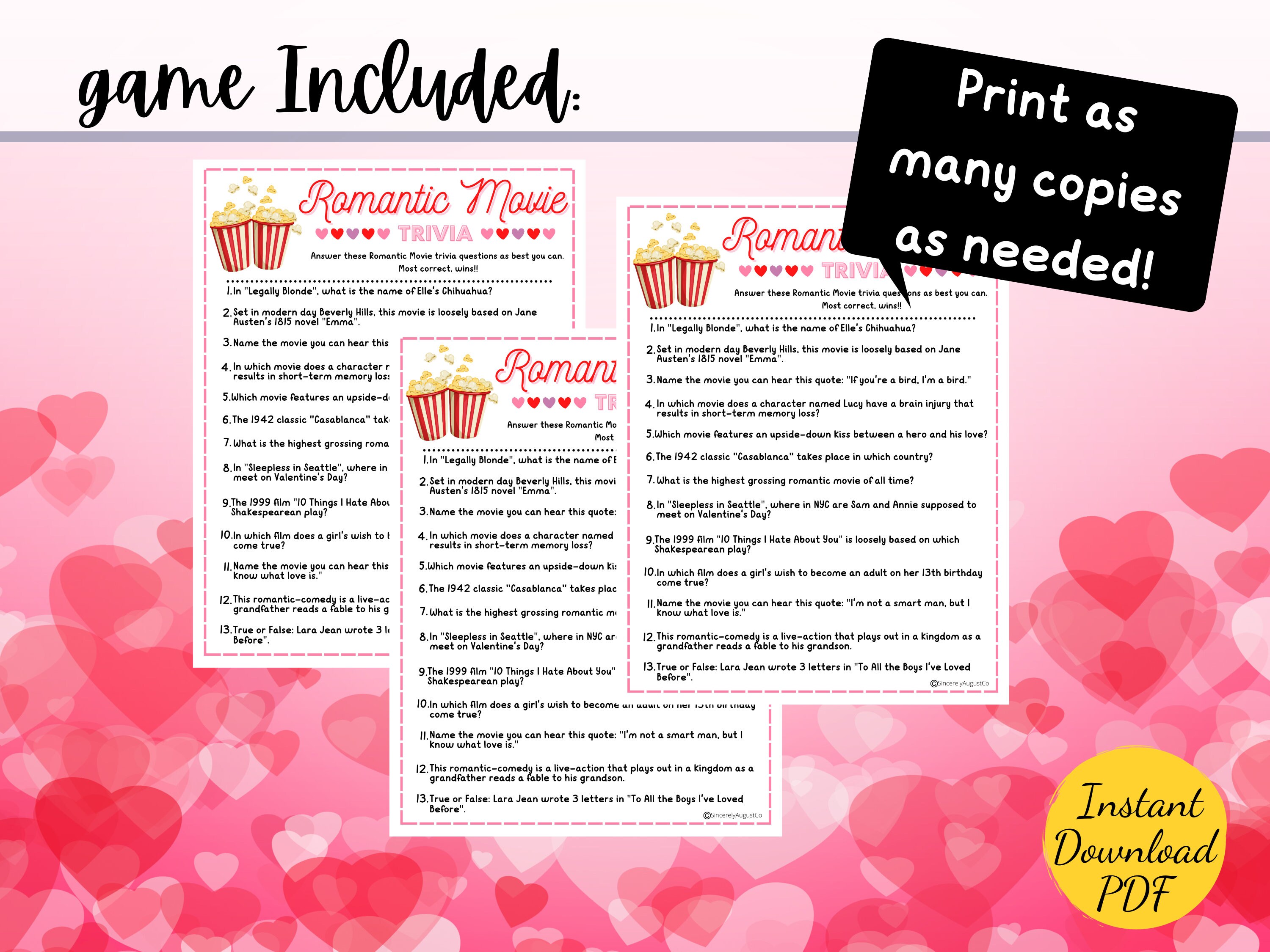 Romantic Movie TRIVIA Game Valentines Day Party Game Printable ...