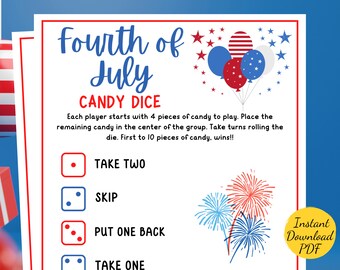 Fourth of July Candy Dice Game, Printable Paper Dice, Independence Day ...