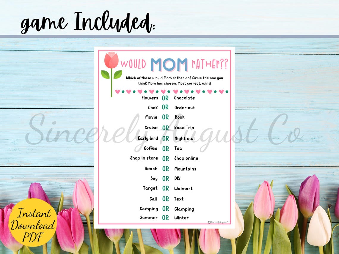 WOULD MOM RATHER? Mothers Day Game - Mothers Day Party Game - Printable ...