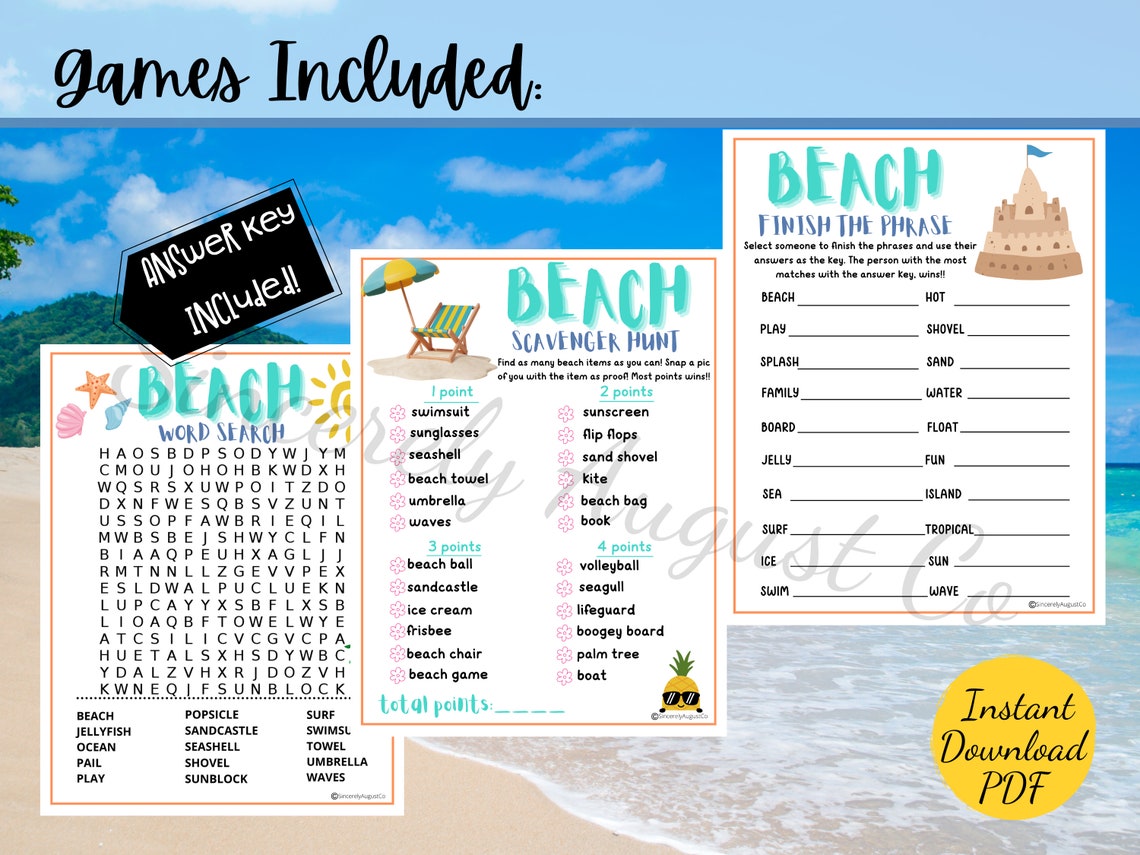 BEACH Day GAME BUNDLE - 5 Beach Day Games - Printable Beach Games - Fun ...