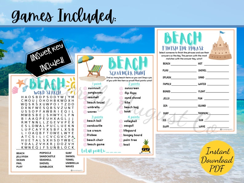 BEACH Day GAME BUNDLE - 5 Beach Day Games - Printable Beach Games - Fun ...