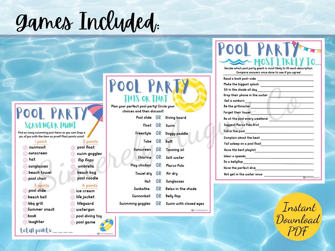 POOL Party GAME BUNDLE 5 Printable Pool Party Games Fun Pool Party ...