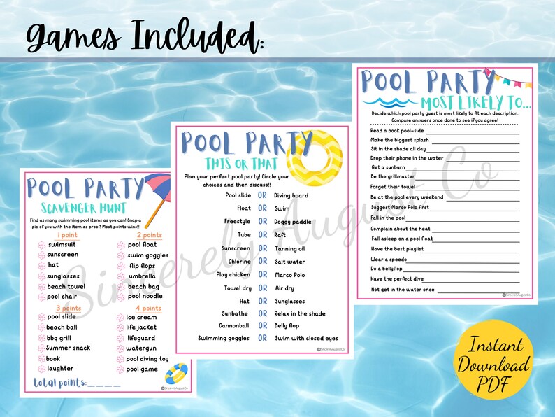 POOL Party GAME BUNDLE - 5 Printable Pool Party Games - Fun Pool Party ...
