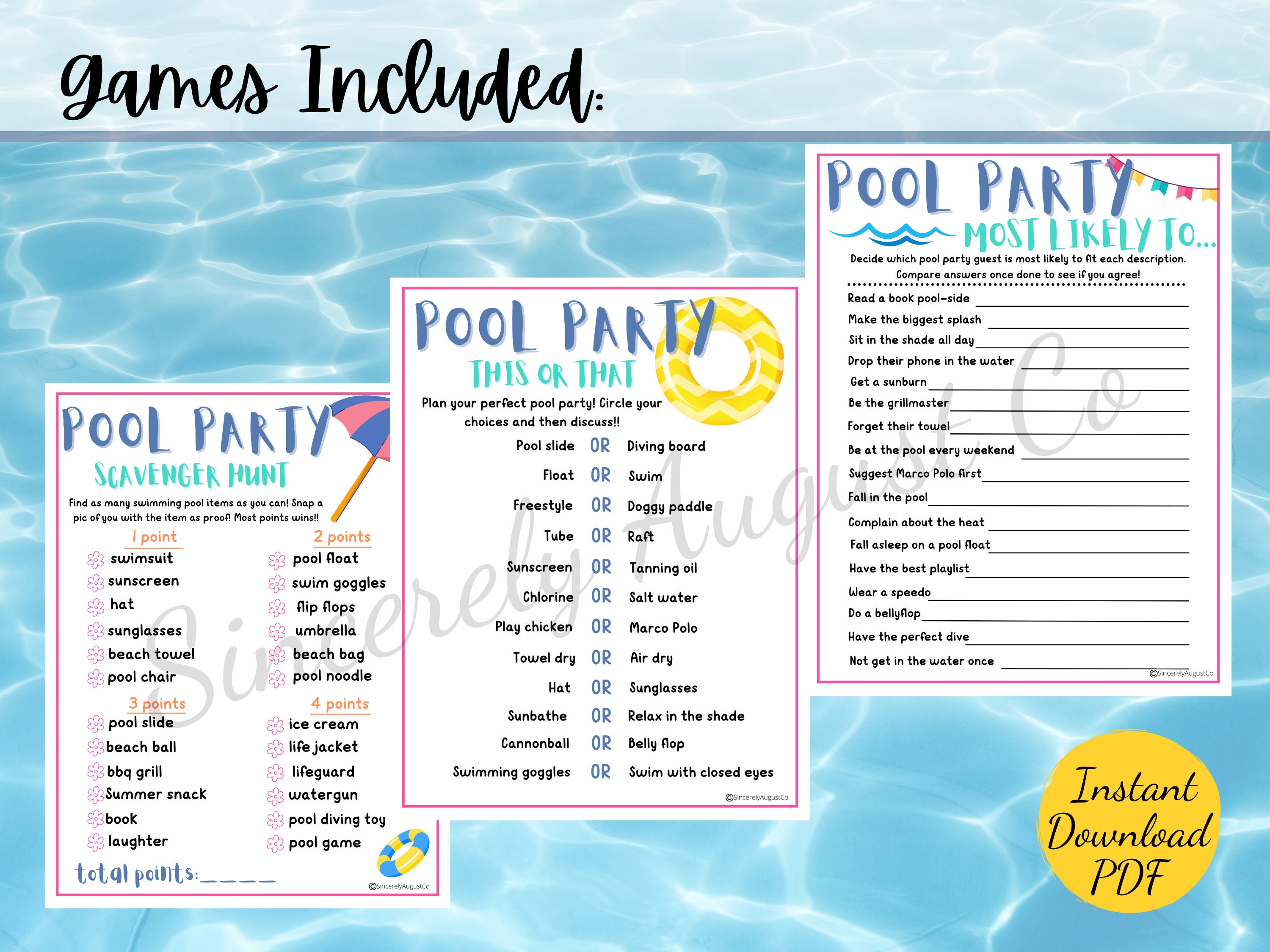 POOL Party GAME BUNDLE 5 Printable Pool Party Games Fun Pool Party ...