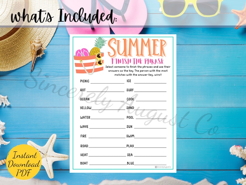 Summer FINISH the PHRASE Game: Printable Party Activity (PDF) - Etsy