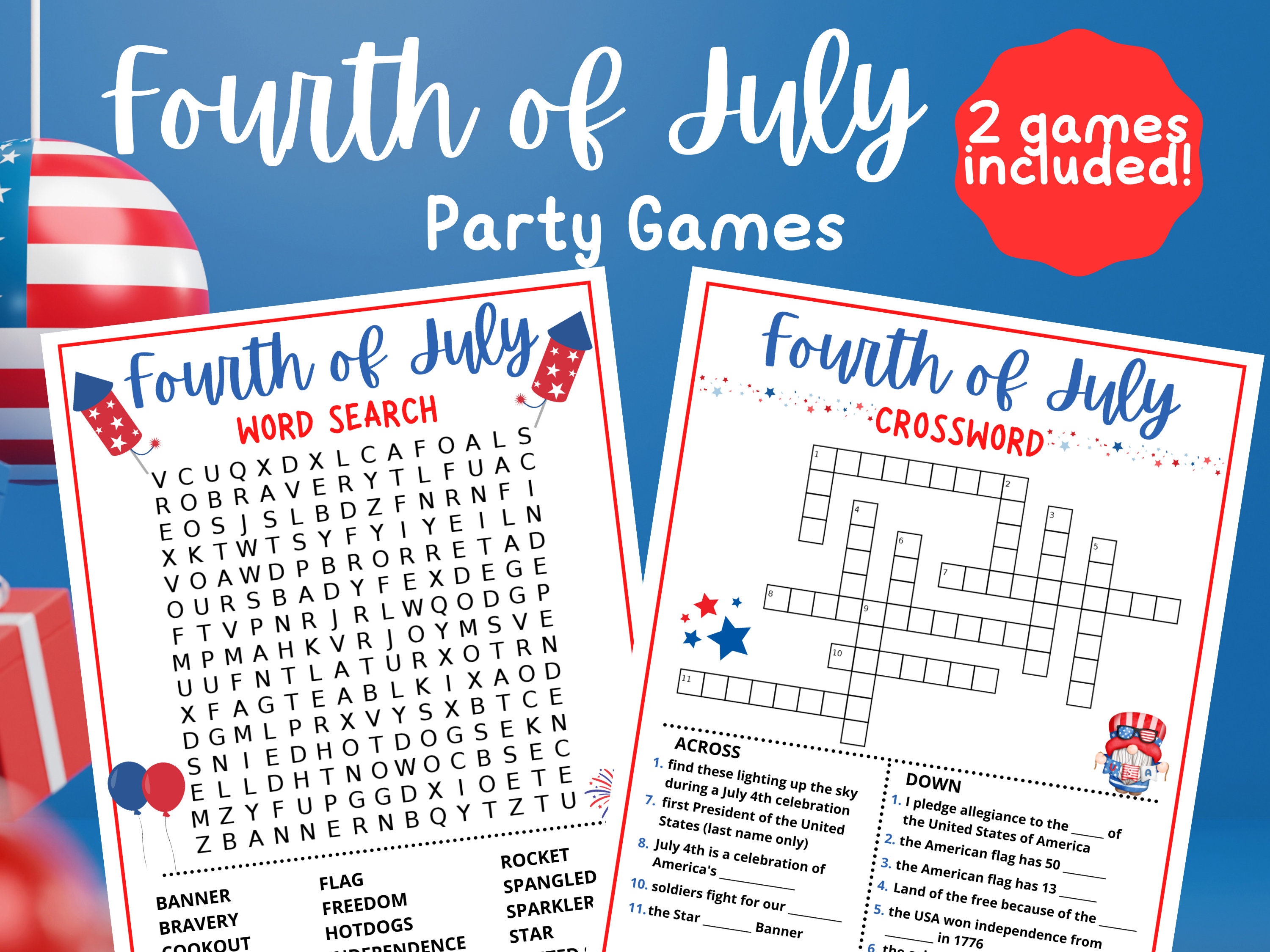 Fourth of July WORD SEARCH - Fourth of July CROSSWORD - July 4th Party ...