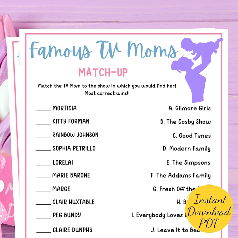 FAMOUS TV MOMS Mothers Day Match - Mothers Day Party Game - Printable ...