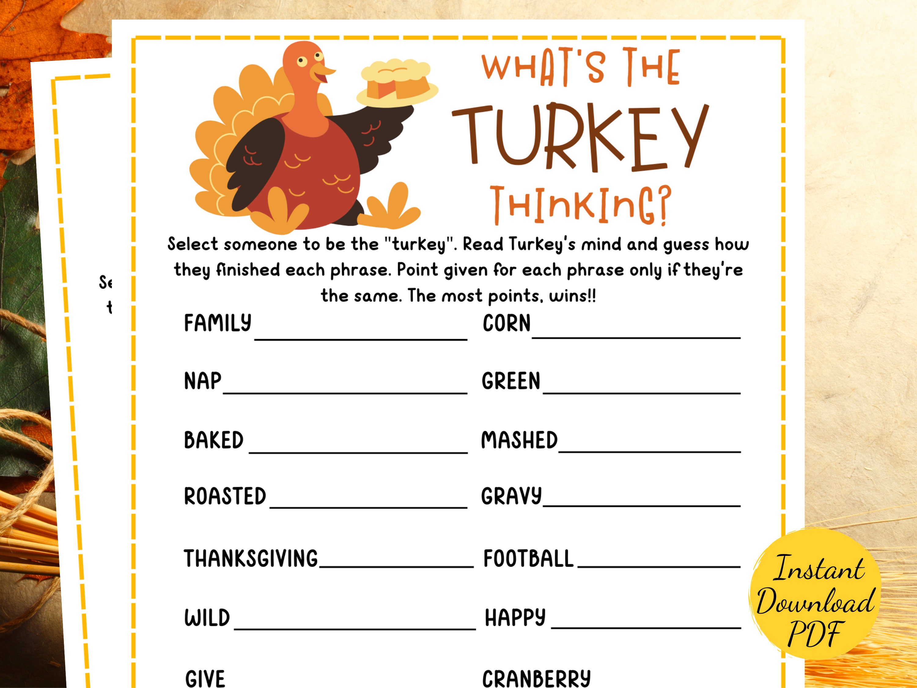 WHAT'S the TURKEY THINKING Thanksgiving Party Game Printable ...
