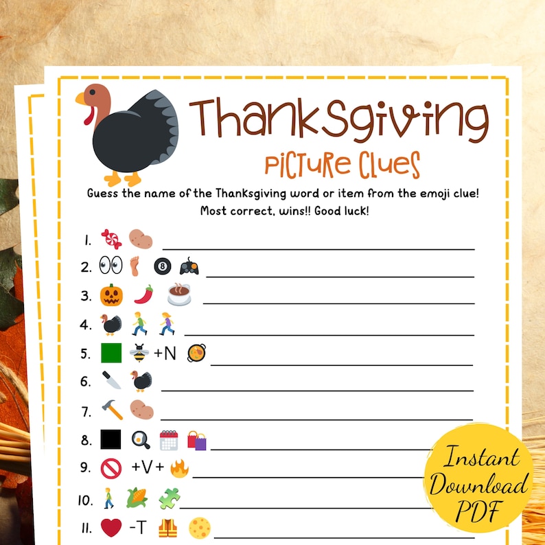 Thanksgiving PICTURE CLUES Game: Printable Emoji Pictionary (PDF) - Etsy