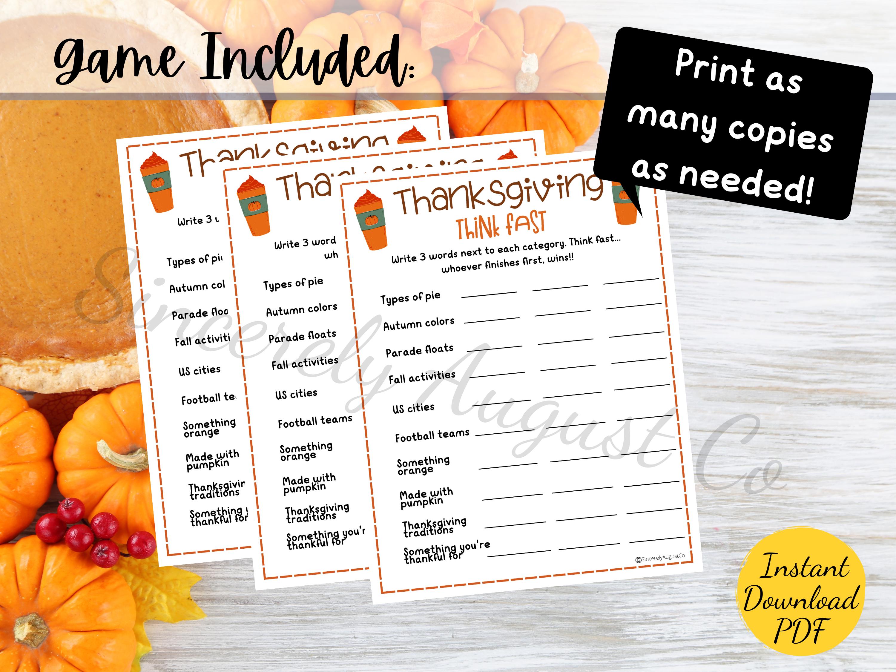 Thanksgiving THINK FAST - Thanksgiving Party Game - Printable ...