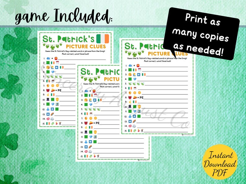 St. Patrick's Day PICTURE CLUES Game: Printable Emoji Pictionary Party ...