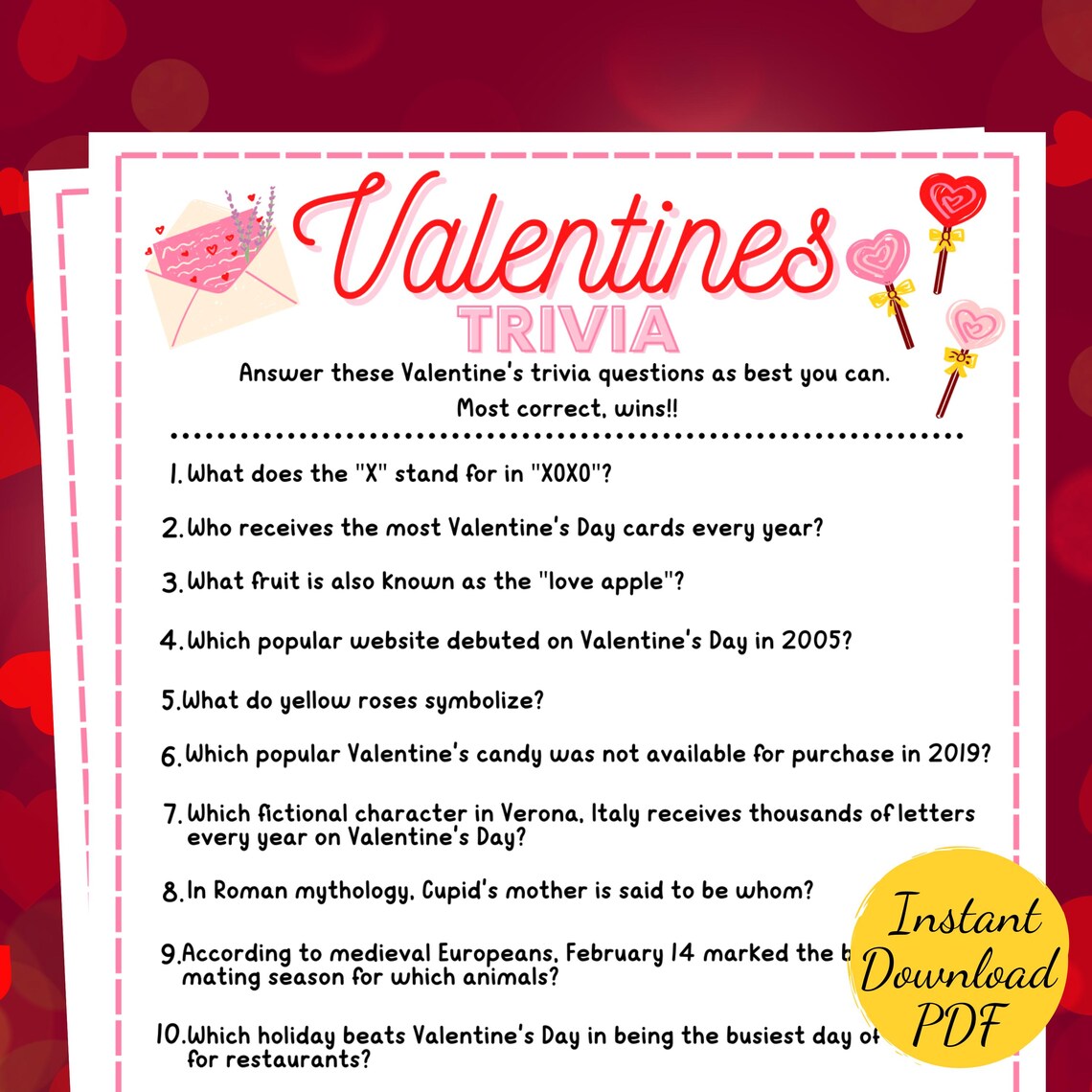 Valentines Day TRIVIA Game - Valentines Day Party Game - Printable ...