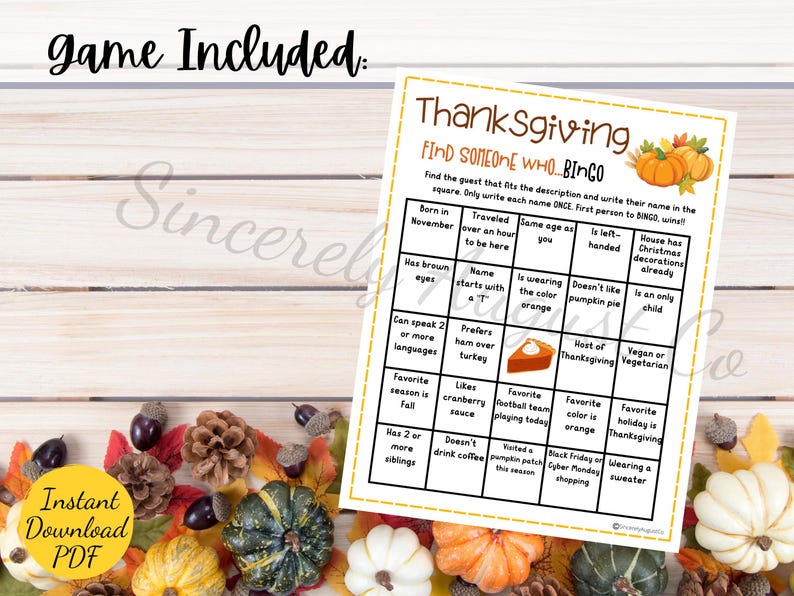 Thanksgiving FIND SOMEONE Who BINGO Game: Printable Party Activity ...