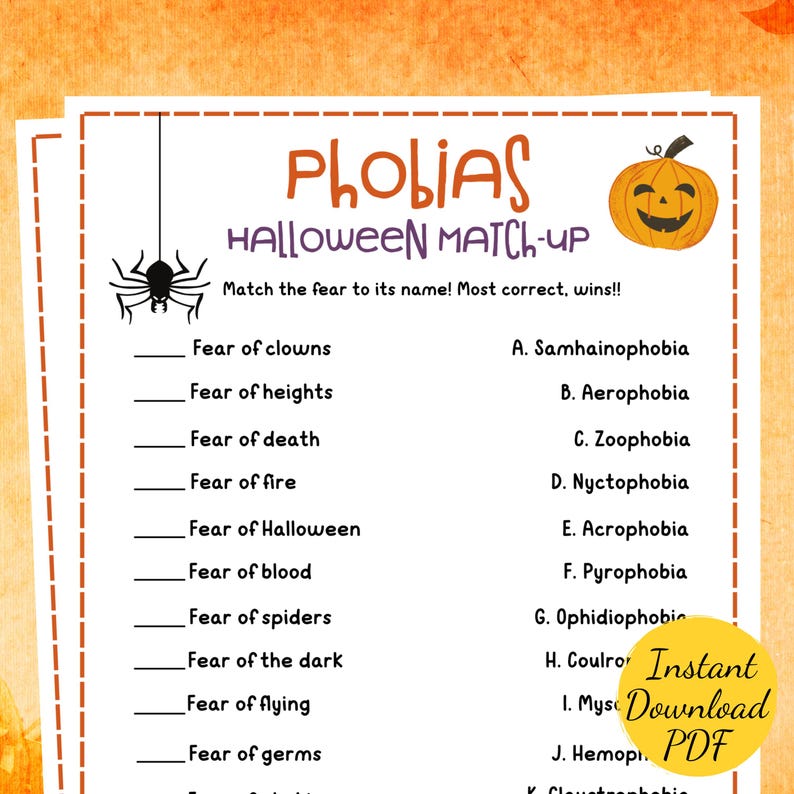 Halloween PHOBIAS MATCH Game: Printable Party Activity (PDF) - Etsy