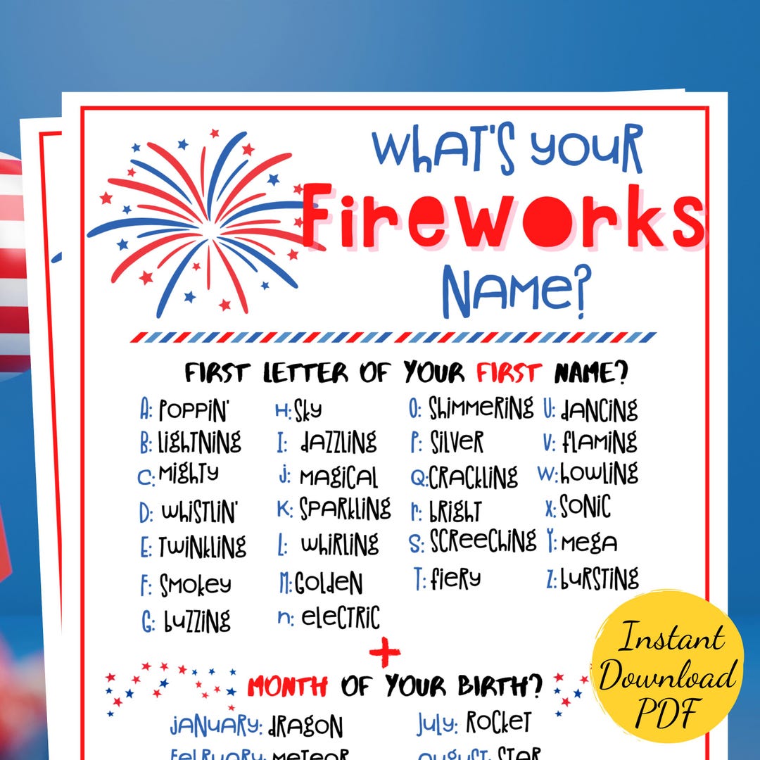 What's Your FIREWORKS NAME? - July 4th Party Game - Printable July 4th ...
