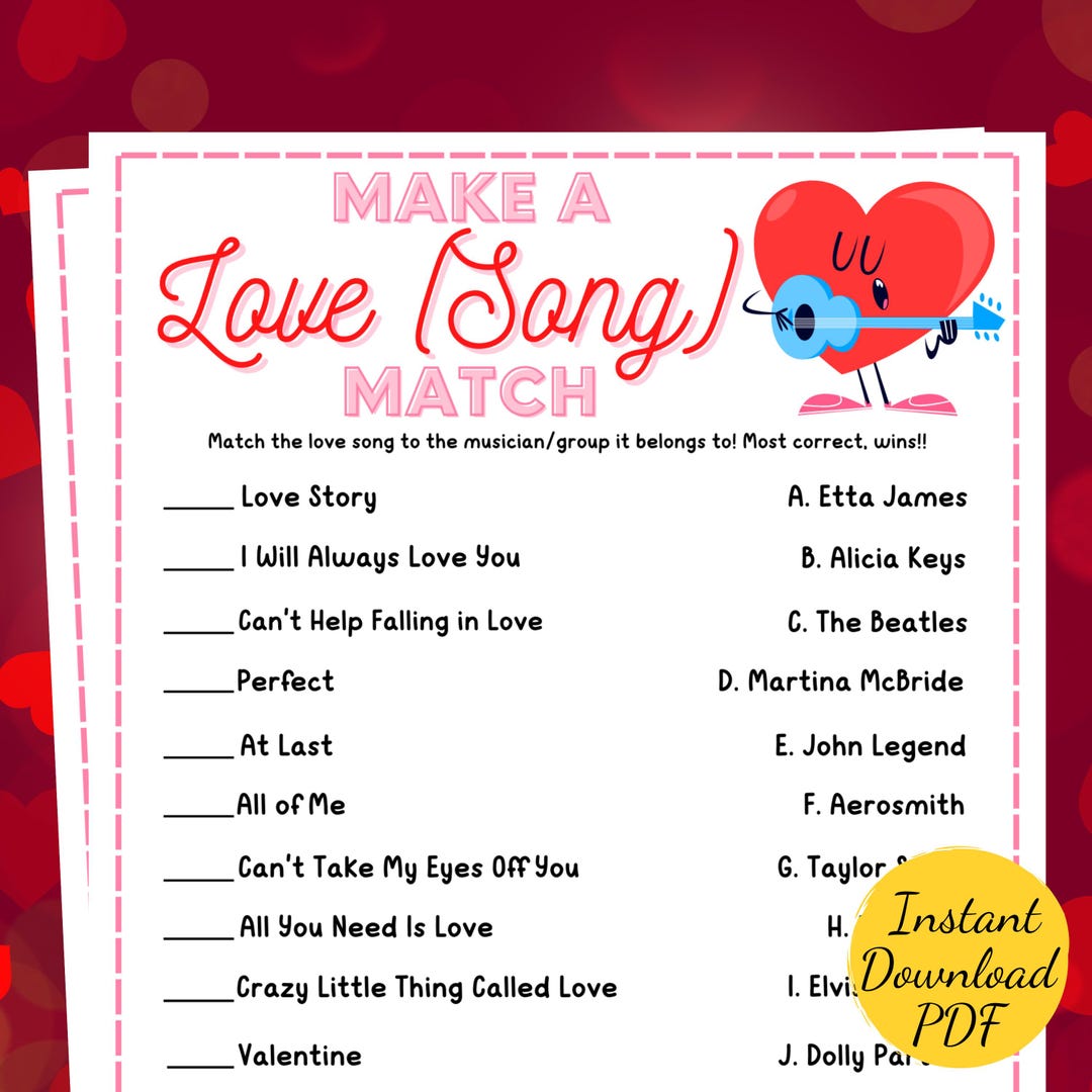Valentines Day LOVE SONG MATCH Game - Valentines Day Party Game ...