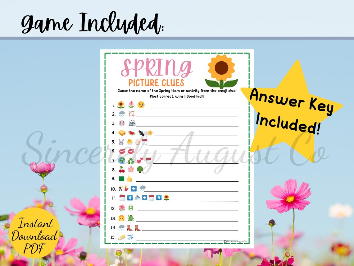 Spring PICTURE CLUES Game: Printable Emoji Pictionary Party Activity ...